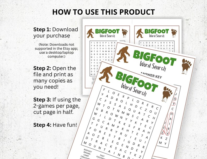 Bigfoot Word Search Game for Kids, Bigfoot Theme Birthday Party Game ...
