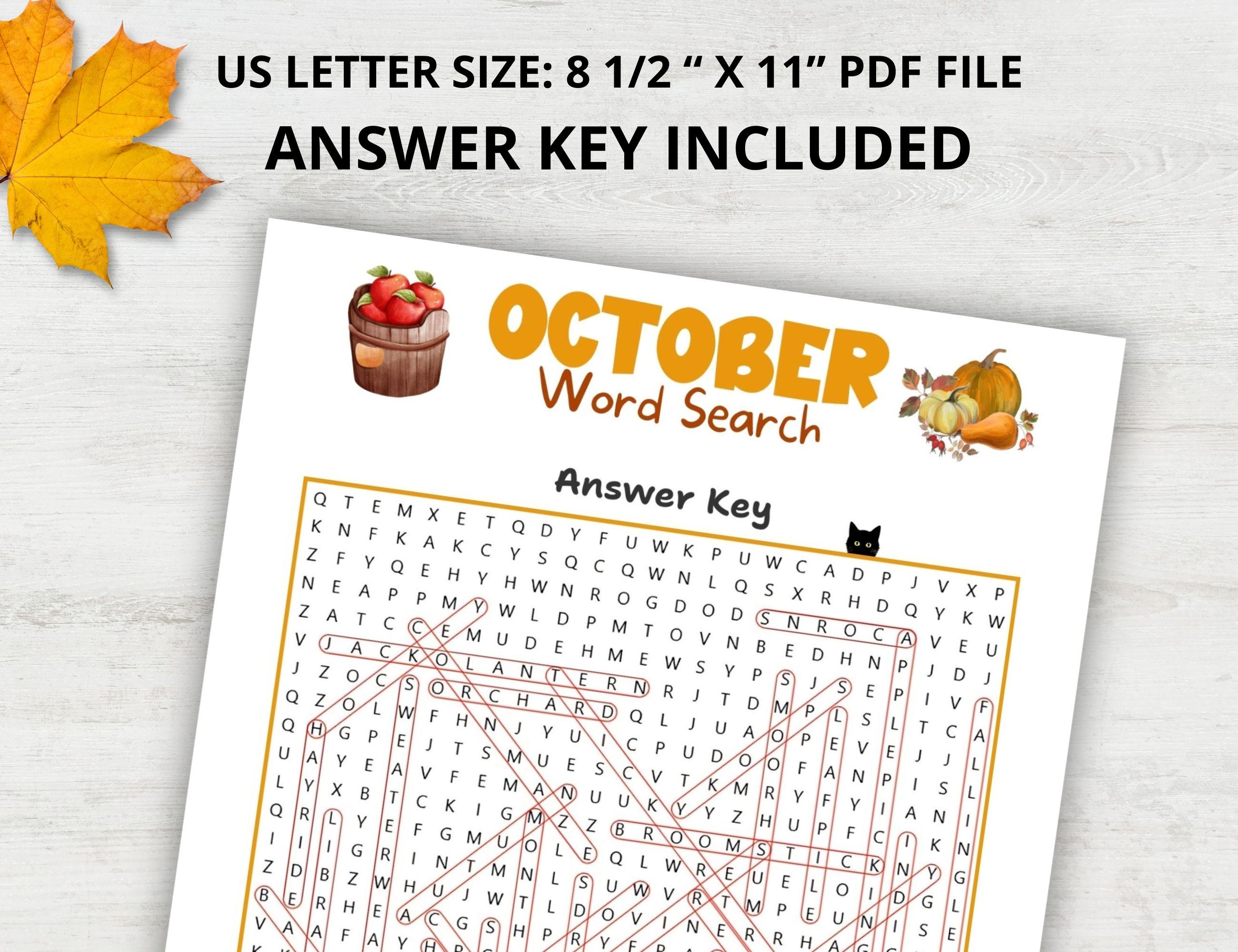 October Word Search Puzzle, Fall Word Hunt Activity for Kids Adults ...