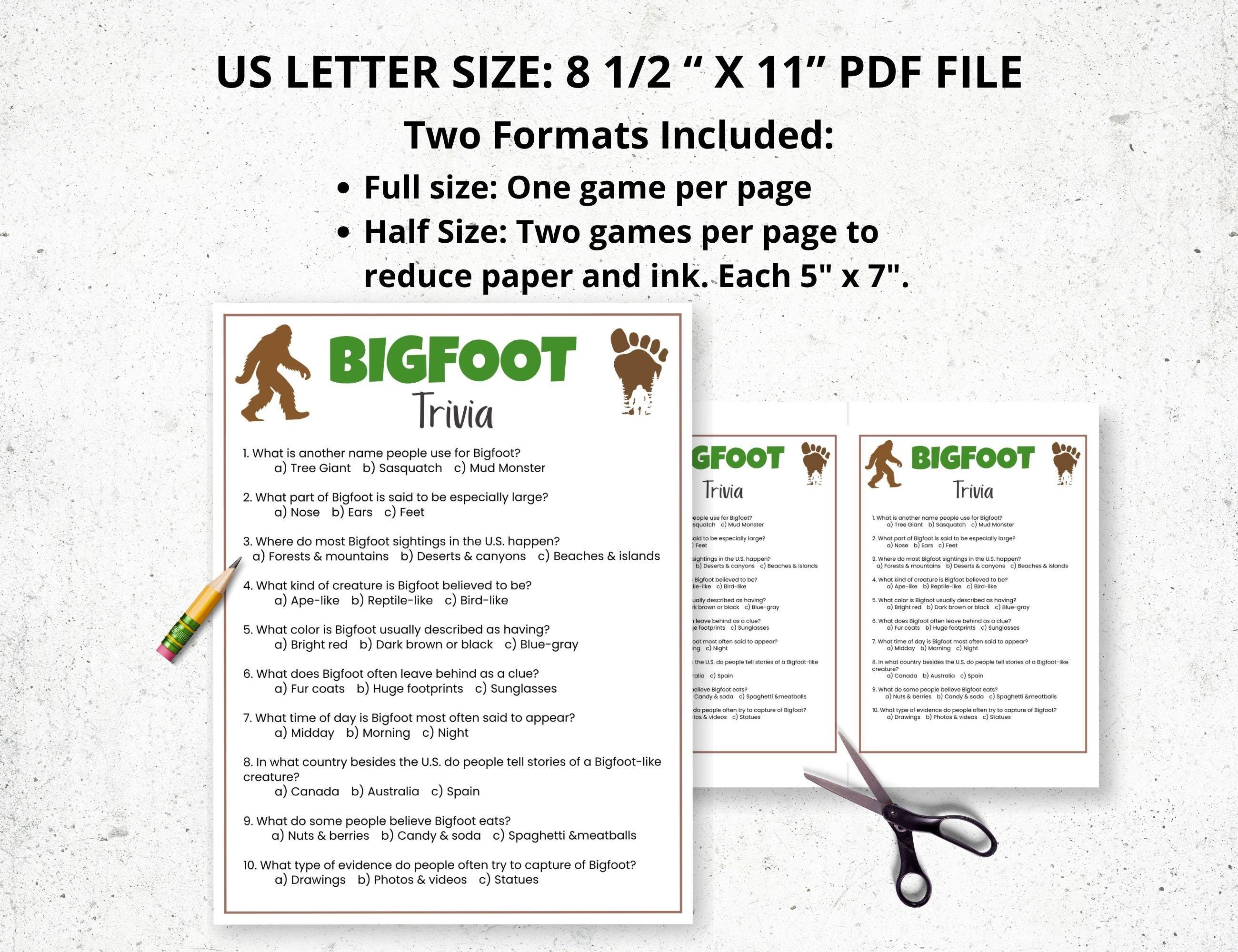 Bigfoot Trivia Game for Kids, Bigfoot Theme Birthday Party Game, Fun ...