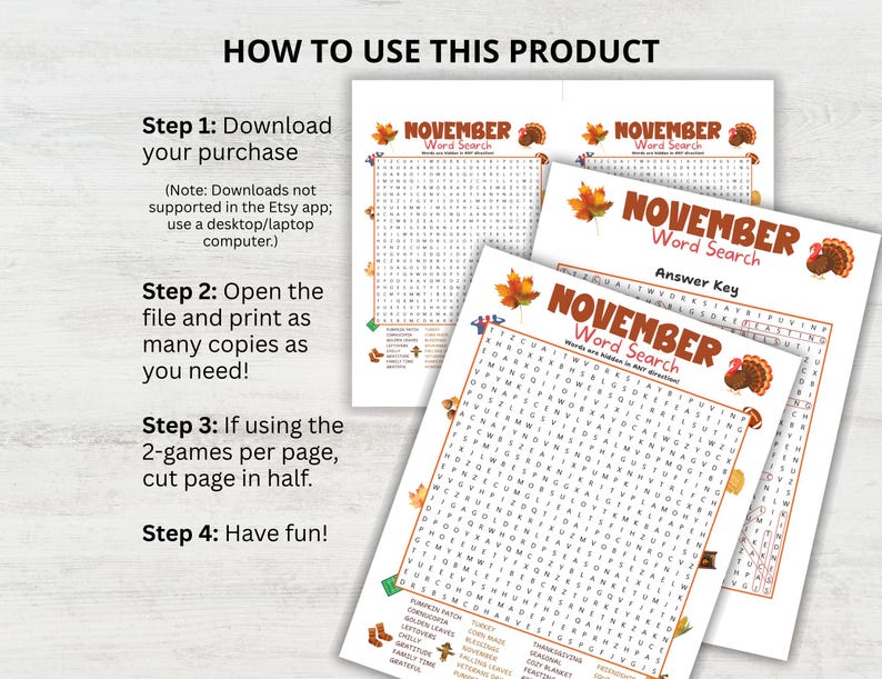 November Word Search Puzzle, Kids Adults Fall Word Find Activity ...