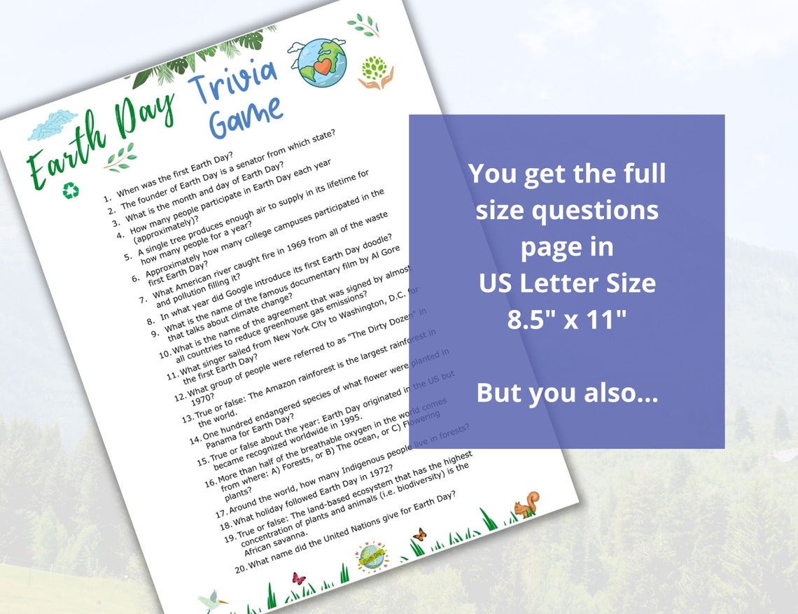 Printable Earth Day Trivia Game, Kids Colorful Questions Answers US ...