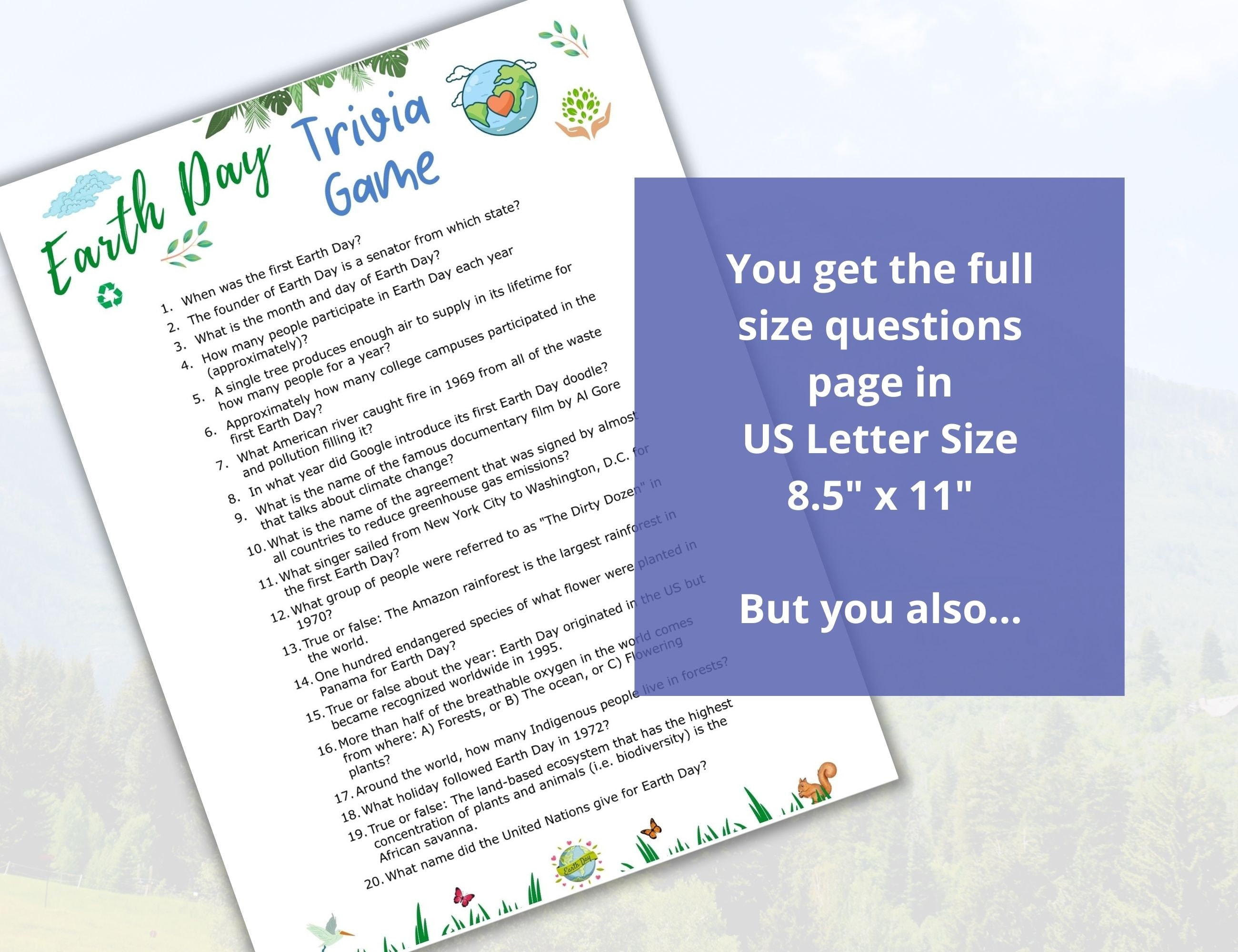 Printable Earth Day Trivia Game, Kids Colorful Questions Answers US ...