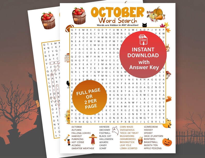 October Word Search Puzzle, Fall Word Hunt Activity for Kids Adults ...