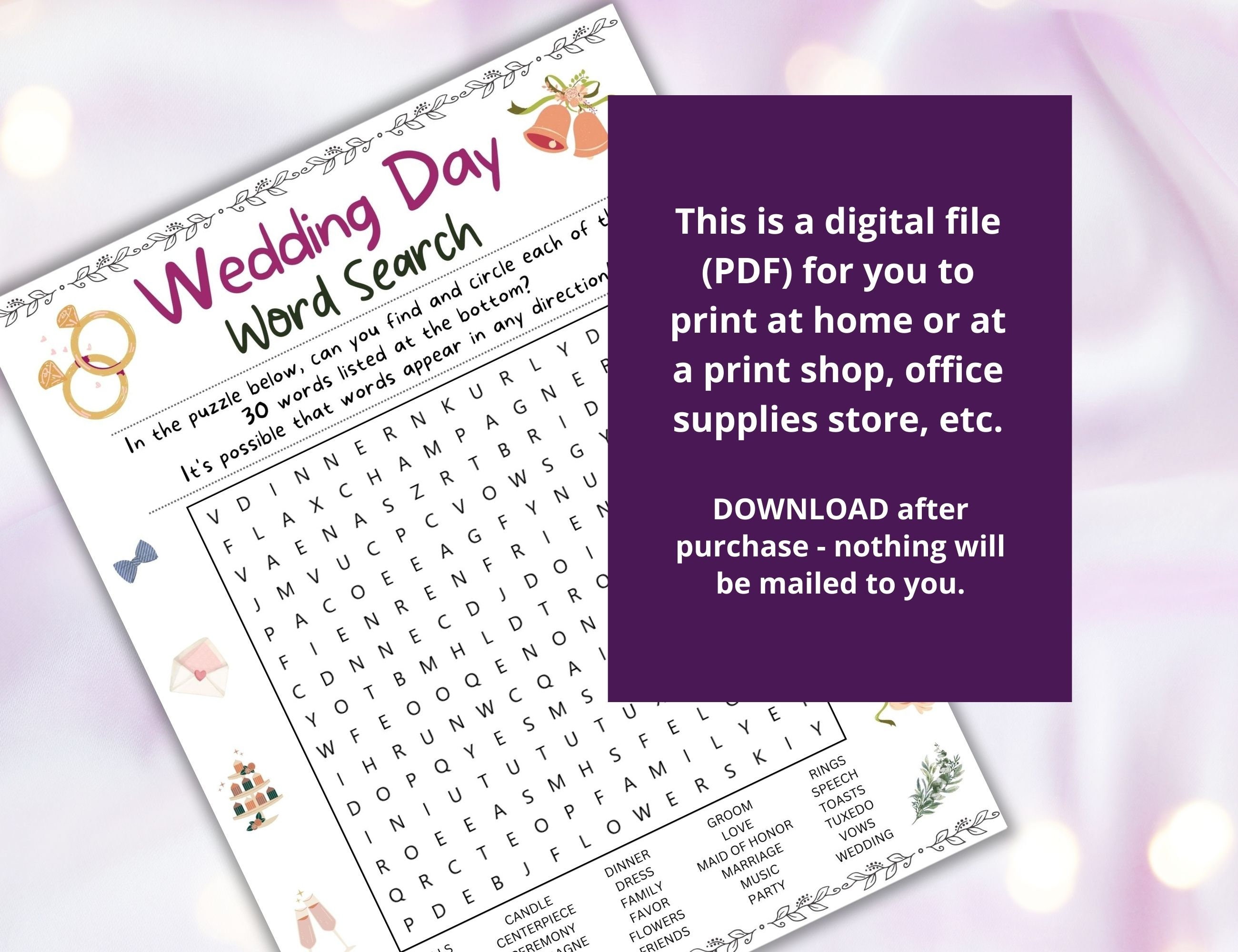 Kids Printable Find Word Search Wedding Day Game, Simple Fun US Letter ...