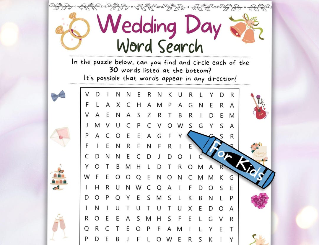 Wedding Day Word Search for Kids, Printable Children's Word Find Puzzle ...