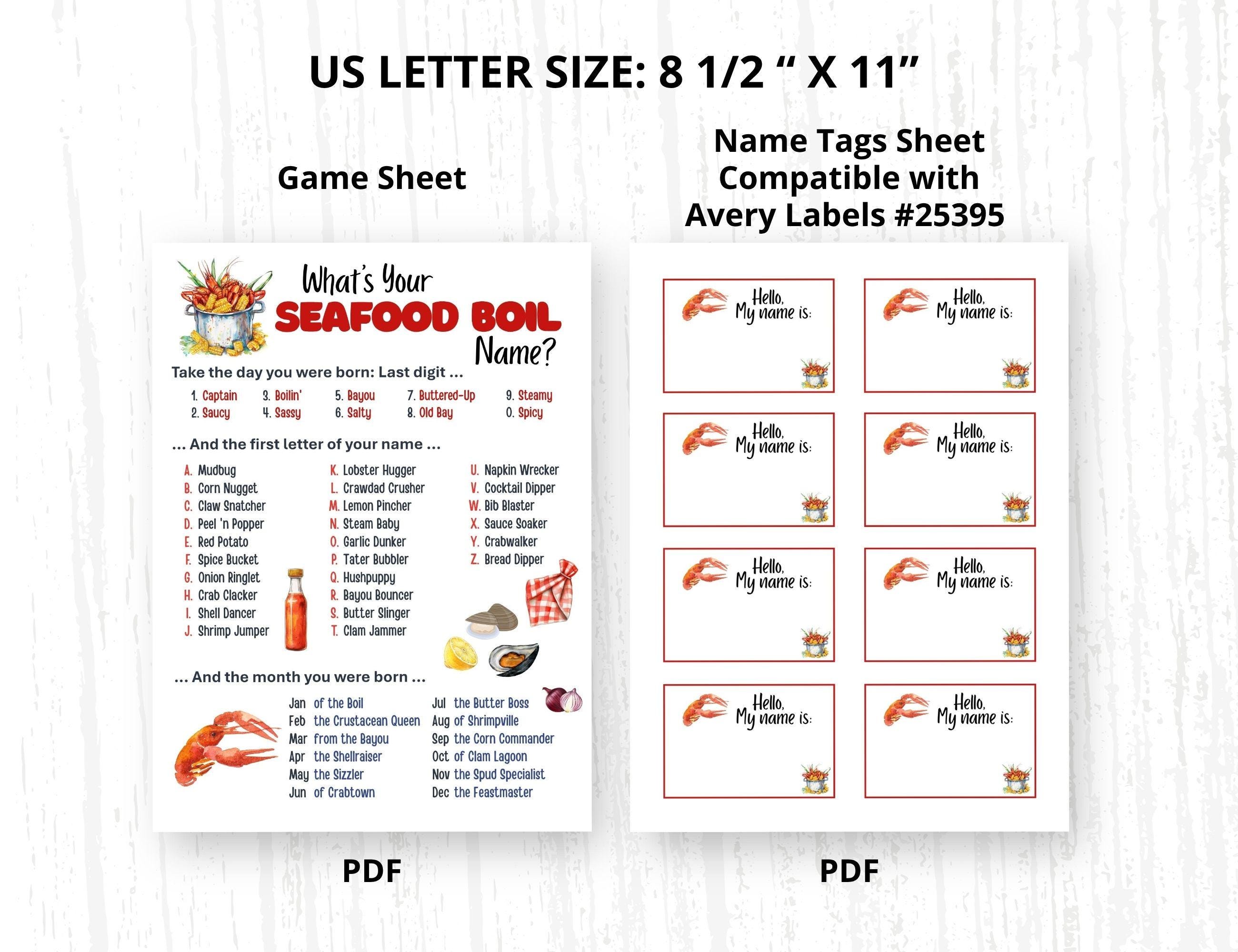 What's Your Seafood Boil Name Game + Name Tags + Sign, Cajun Boil Party ...