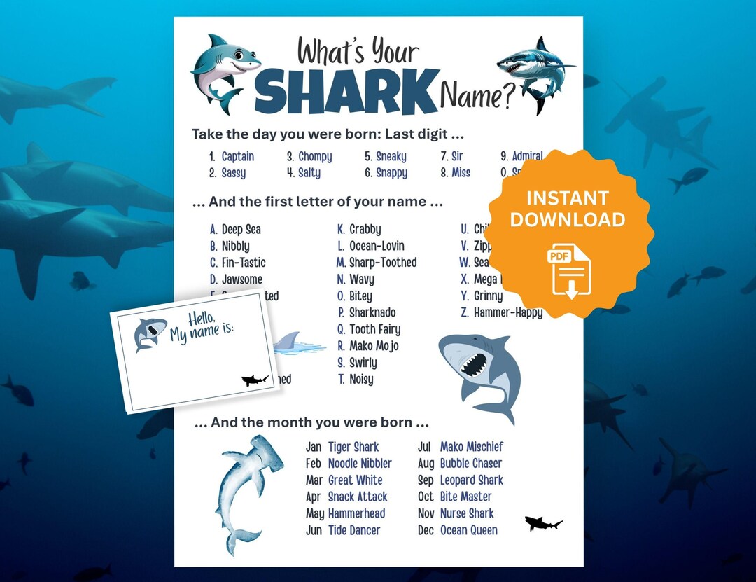 What's Your Shark Name Game + Name Tags + Sign, Shark Week Activity ...