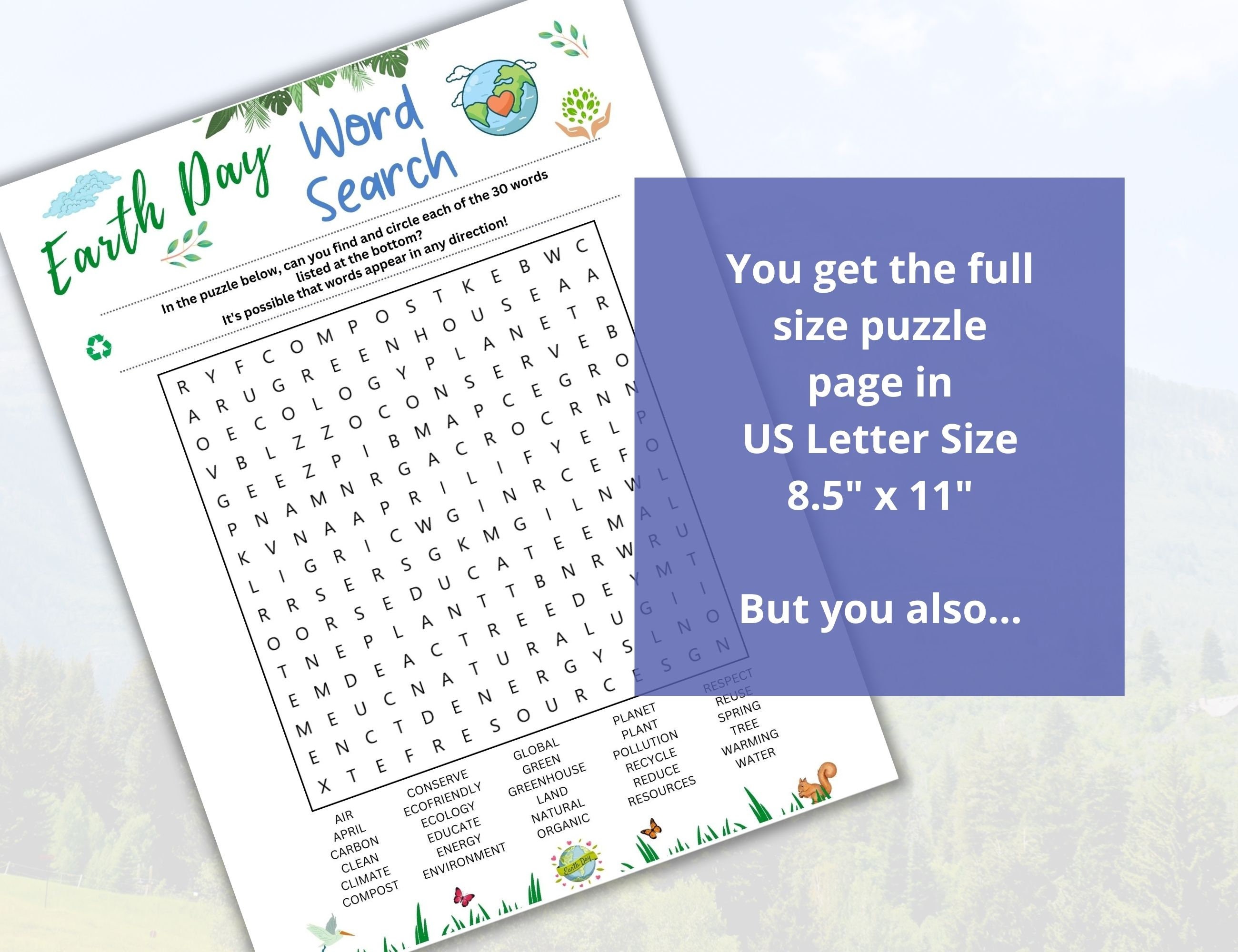 Printable Earth Day Word Search Game, Kids Colorful Illustrated US ...