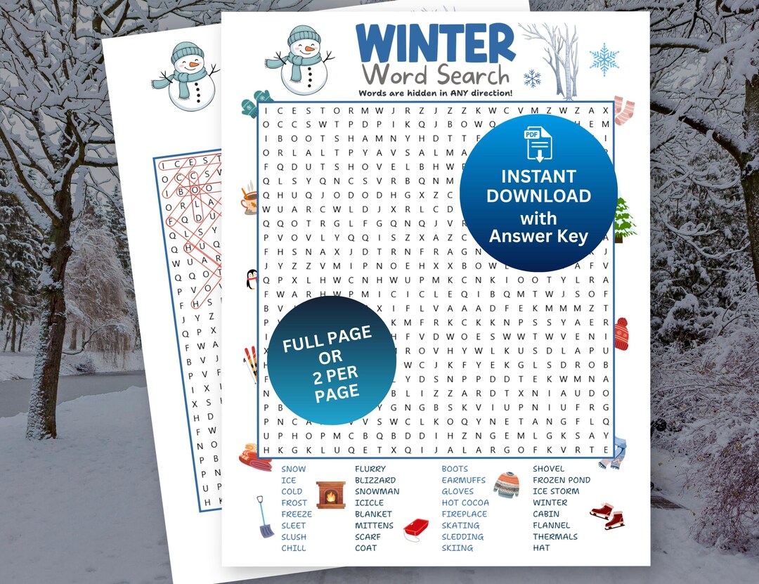 Winter Word Search Puzzle, Word Hunt Activity for Kids Adults, Family ...
