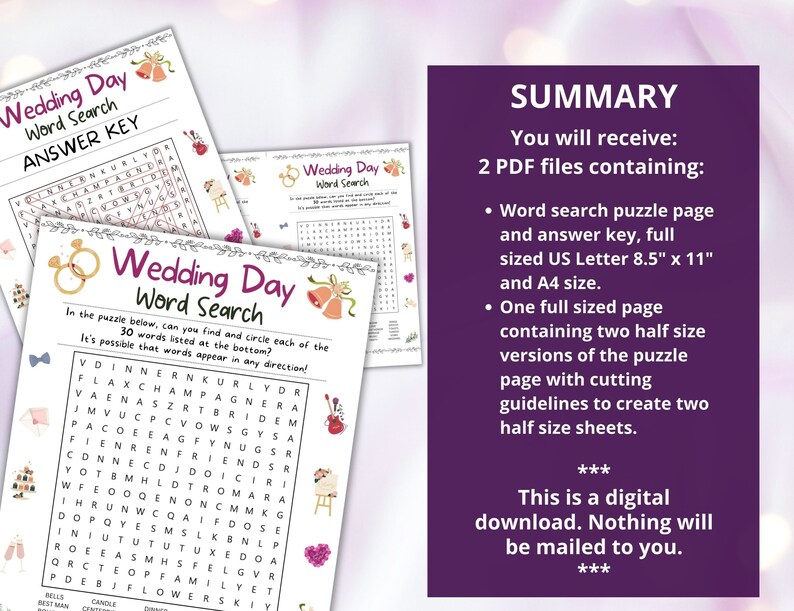 Kids Printable Find Word Search Wedding Day Game, Simple Fun US Letter ...