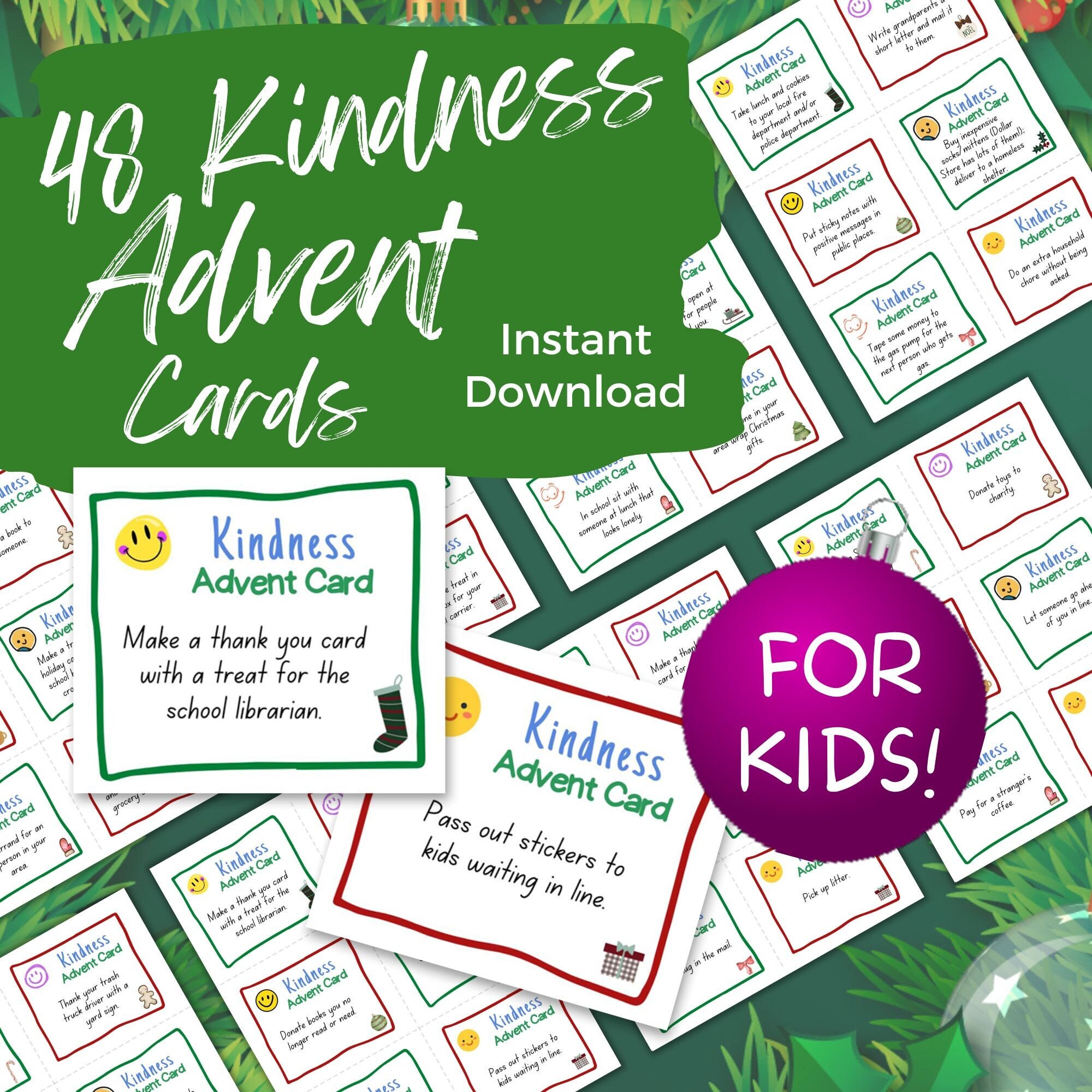 48 Kindness Advent Calendar Cards for Kids, Printable Instant Download ...