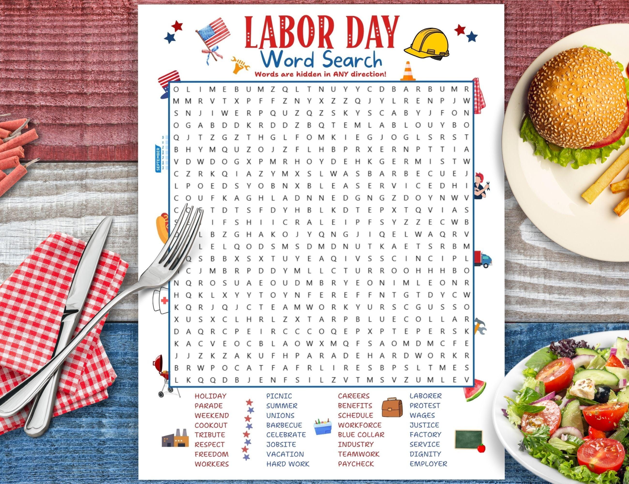 Labor Day Word Search Puzzle, Labor Day Games Kids Adults, Late Summer ...