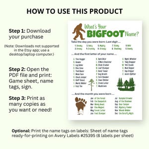 What's Your Bigfoot Name Game + Name Tags + Sign, Bigfoot Theme ...