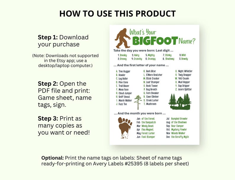 What's Your Bigfoot Name Game + Name Tags + Sign, Bigfoot Theme ...
