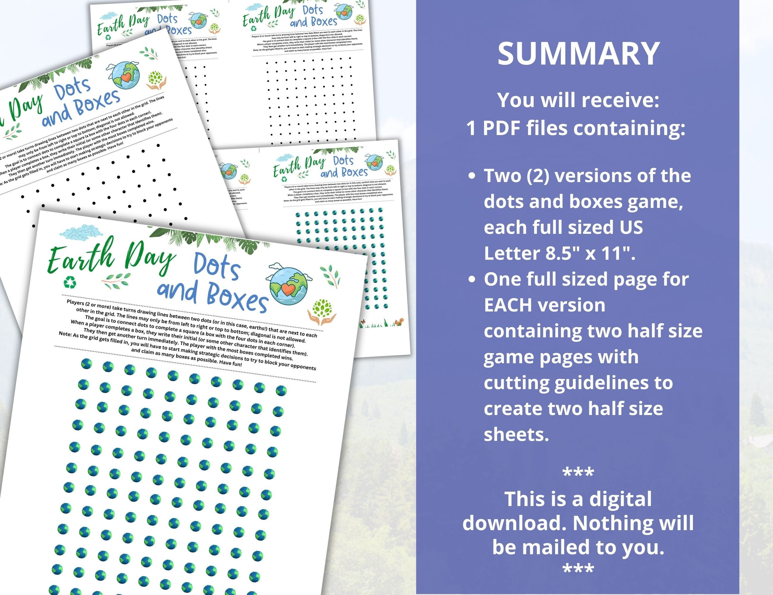 Printable Earth Day Dots and Boxes Party Game, Kids Colorful US Letter ...