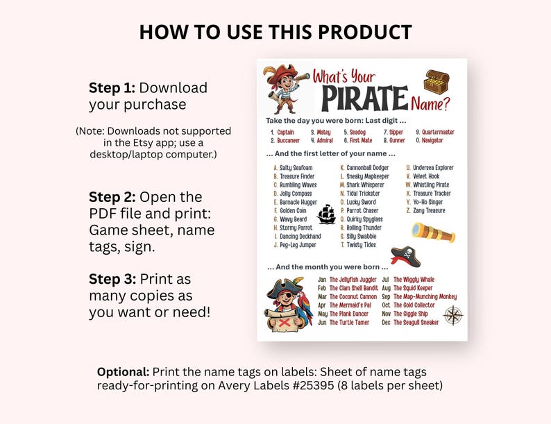 What's Your Pirate Name Game + Tags + Sign, Pirate Theme Birthday Party ...