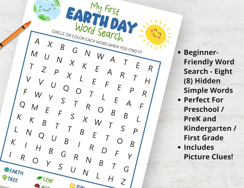Earth Day Word Search Game, Pre-k Preschool Earth Day Activity ...