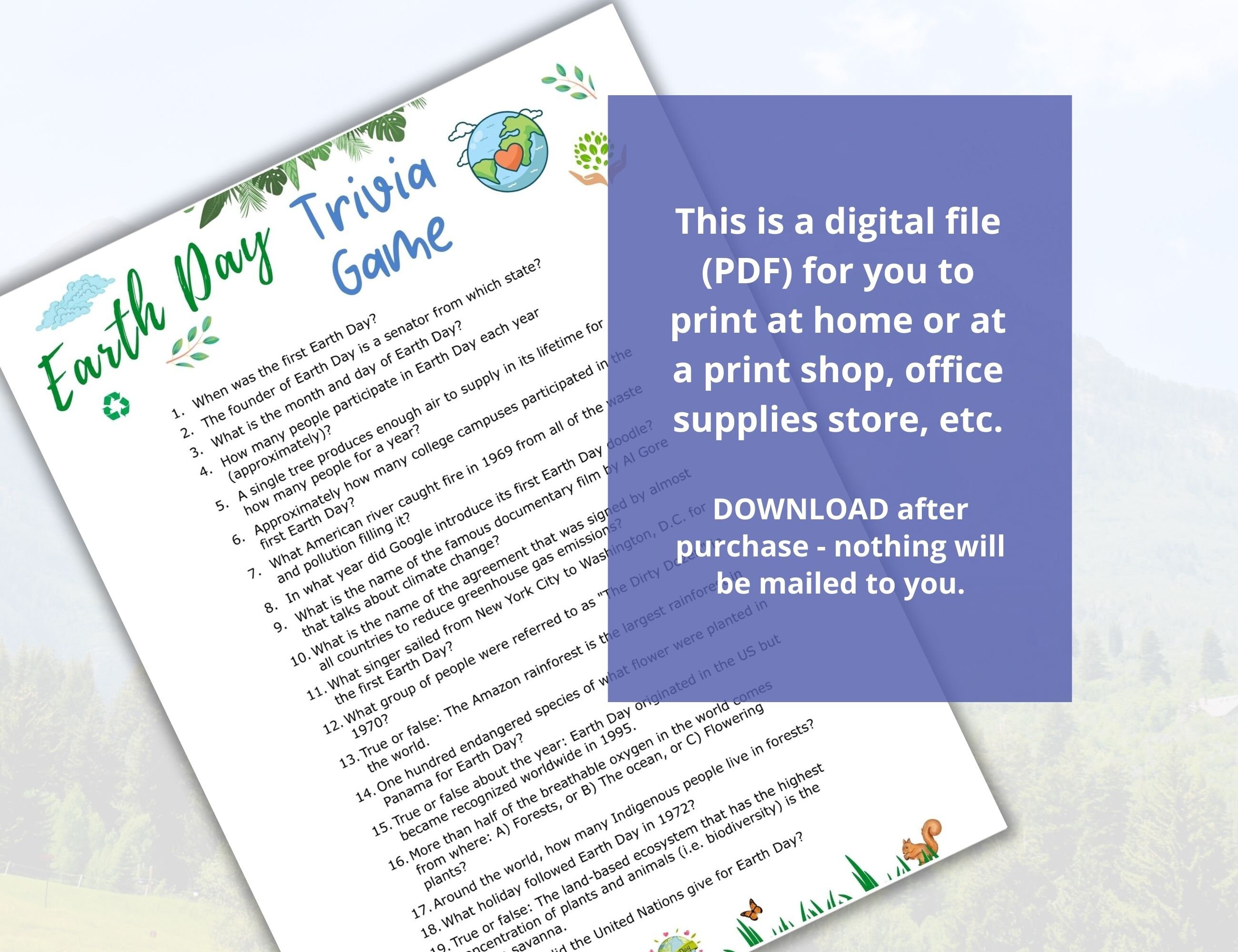 Printable Earth Day Trivia Game, Kids Colorful Questions Answers US ...
