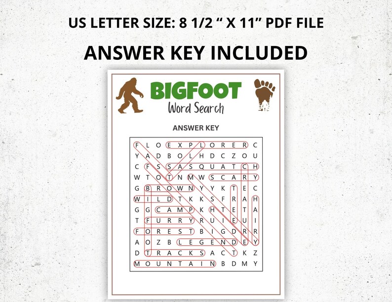 Bigfoot Word Search Game for Kids, Bigfoot Theme Birthday Party Game ...