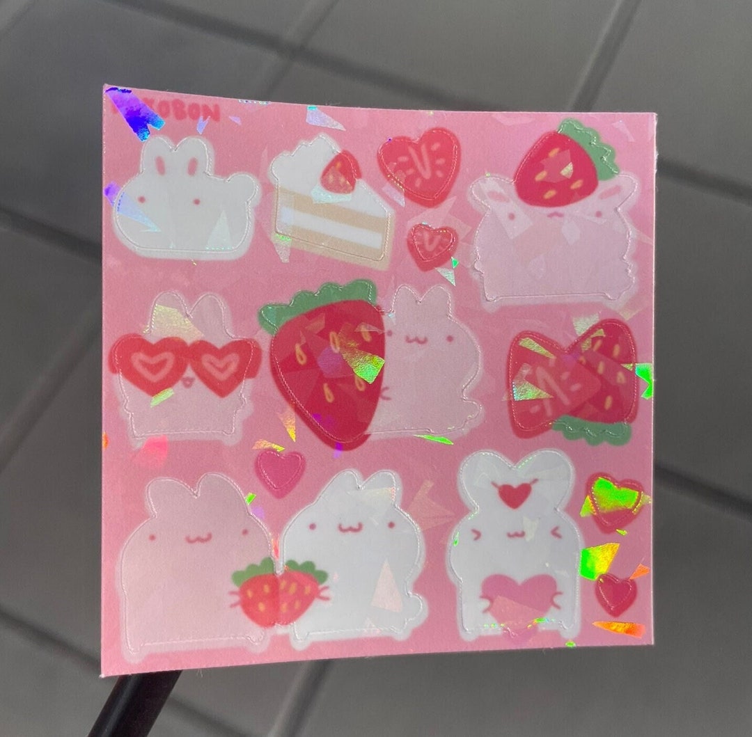 Cute Holographic Strawberry Bunny Sticker Sheet - Etsy