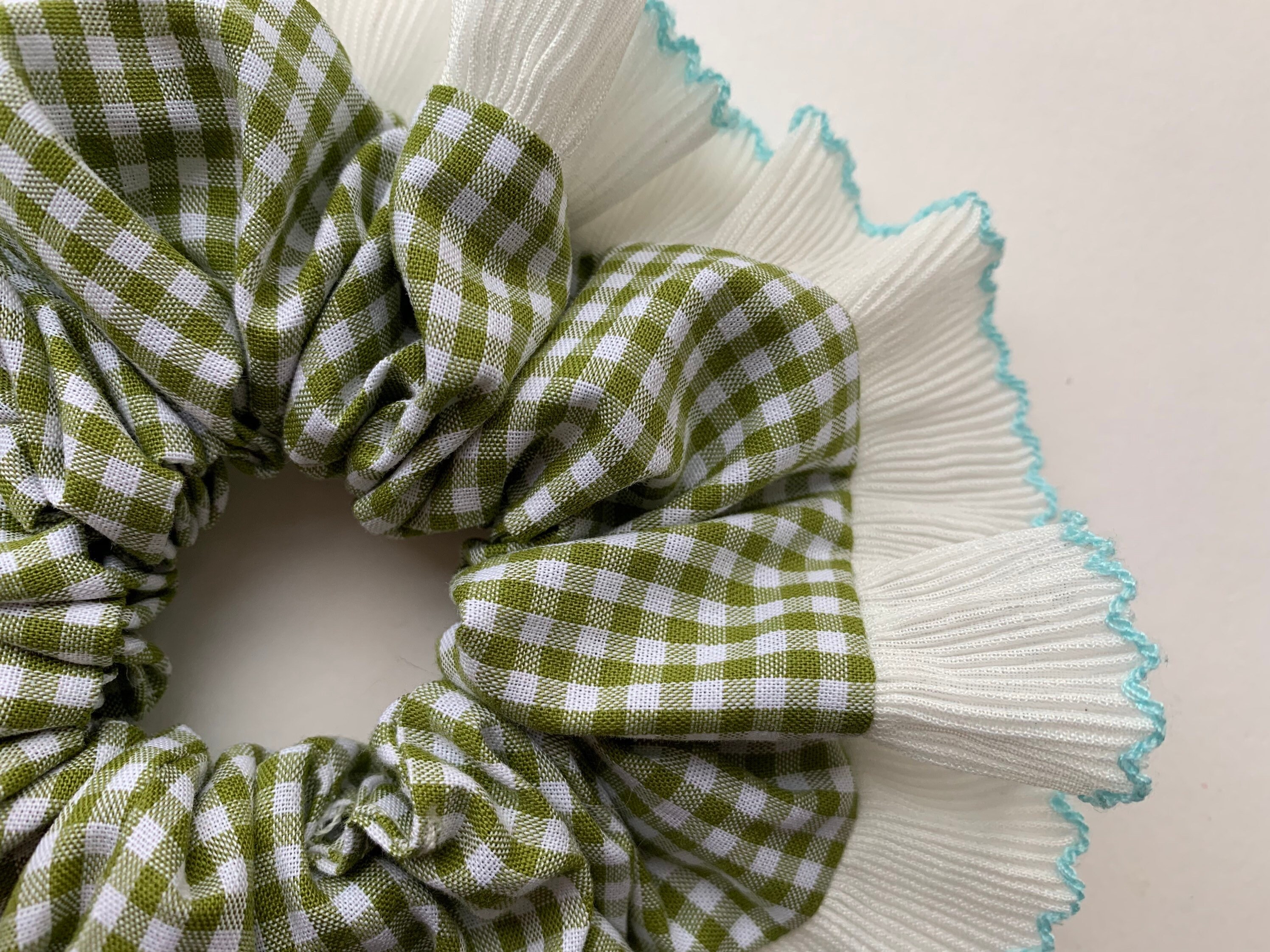 Olive Green Gingham Frill Scrunchie White Blue Pleated Trim - Etsy UK