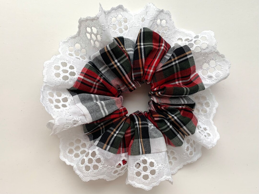 Tartan Scrunchie, Broderie Anglaise Trim, Check, Red Green 15cm - Etsy