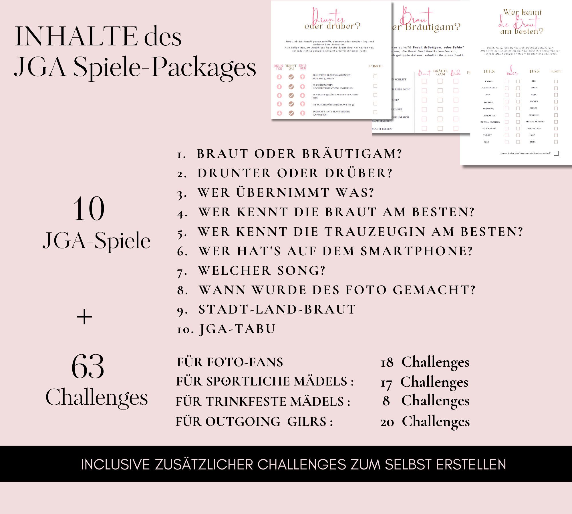 JGA Spiele Package // JGA Frauen // 10 Spiele + 63 Challenges // DIN A4 ...