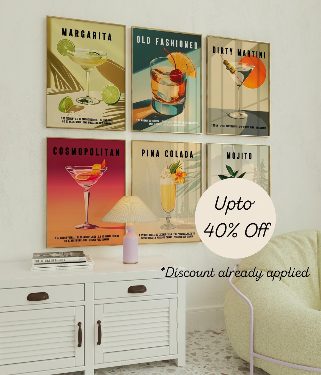 Set of 6 Cocktail Prints Gallery Wall Cocktail Posters Bar Cart Decor ...