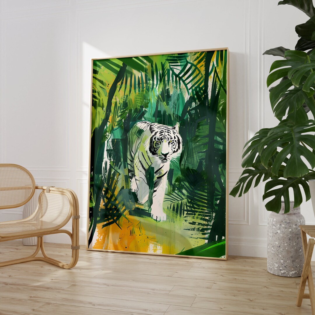 White Tiger Print Jungle Art Prints Tiger Painting Tropical Wall Art ...