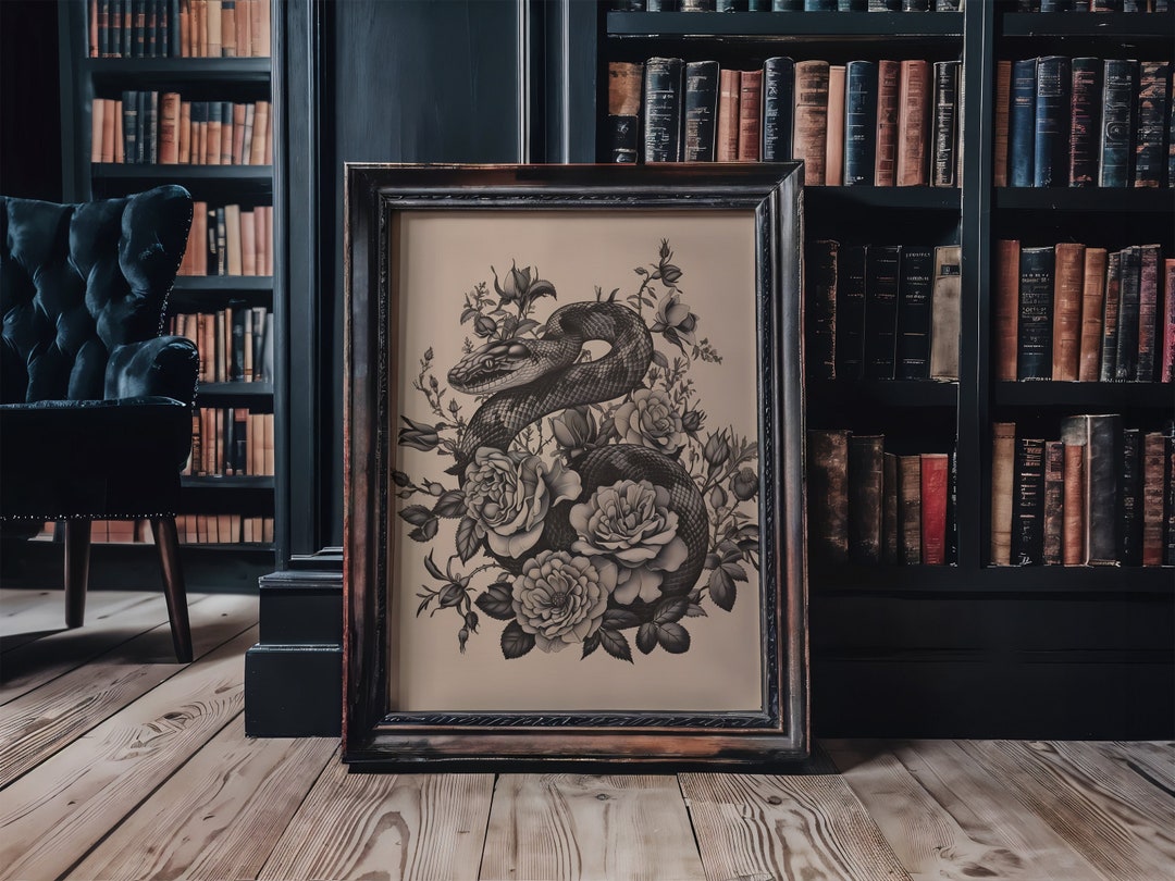 Vintage Snake Print Reptile Poster Python Illustration Dark Academia ...