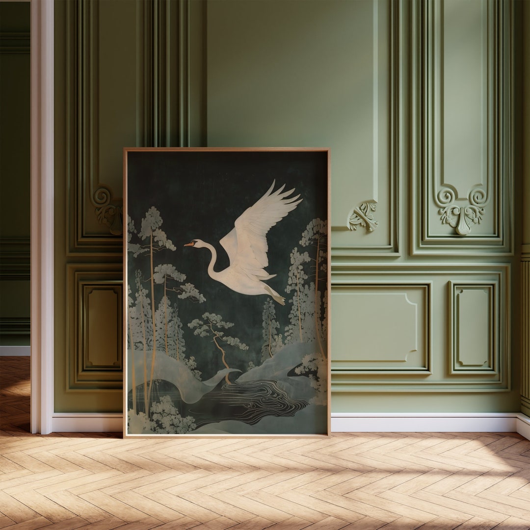 Vintage Swan Print Antique Swan Painting Japanese Art Moody Room Decor ...