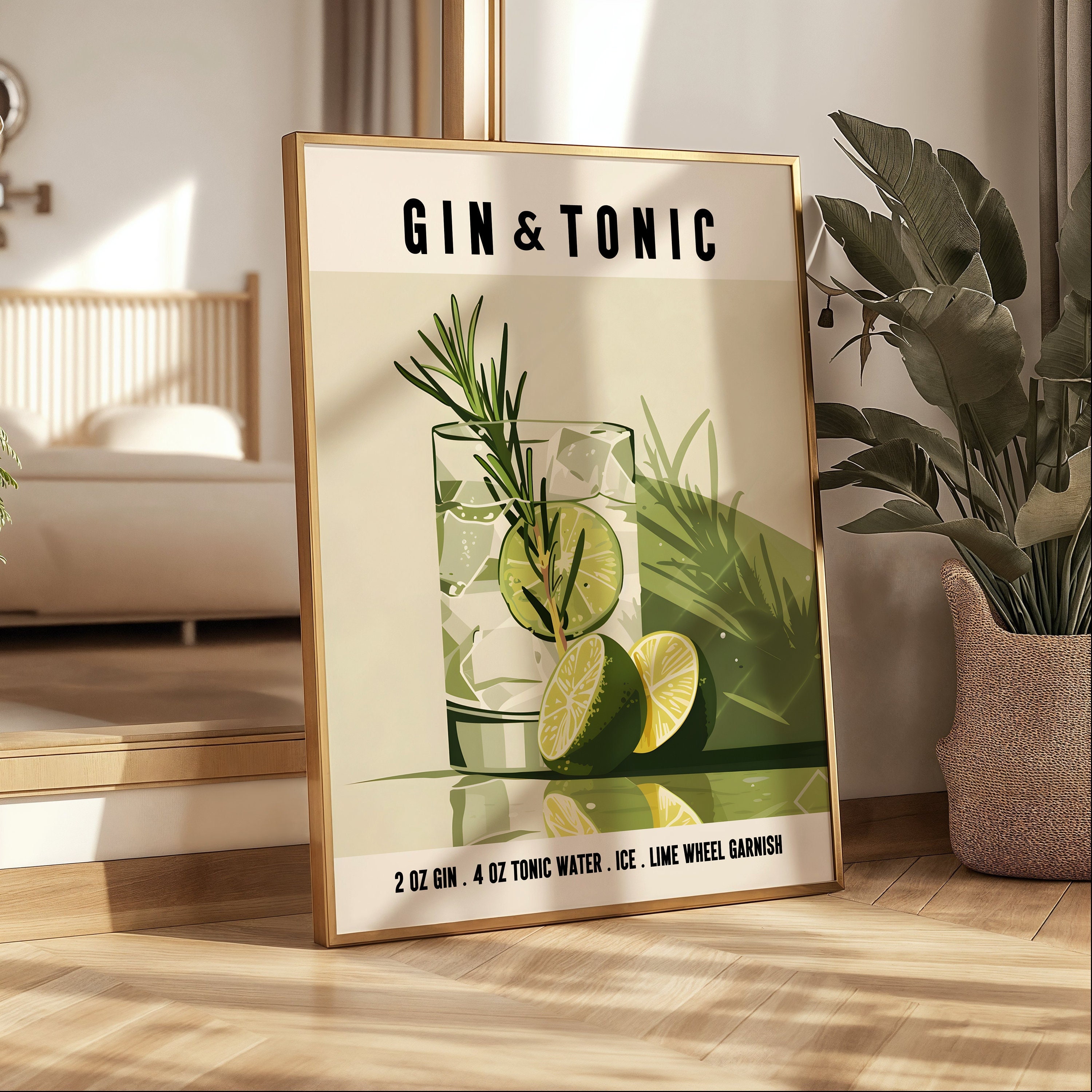 Gin & Tonic Print Retro Cocktail Poster Gin and Tonic Wall Art Bar Cart ...