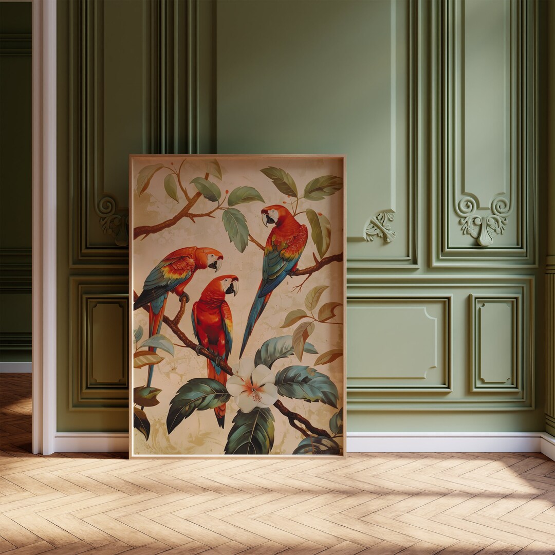 Vintage Parrot Print Botanical Parrot Painting Red Macaw Parrot Wall ...