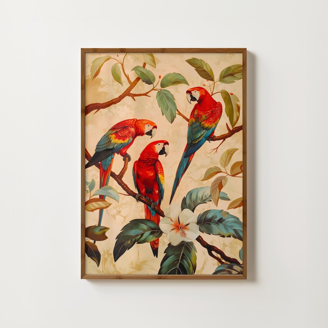 Vintage Parrot Print Botanical Parrot Painting Red Macaw Parrot Wall ...