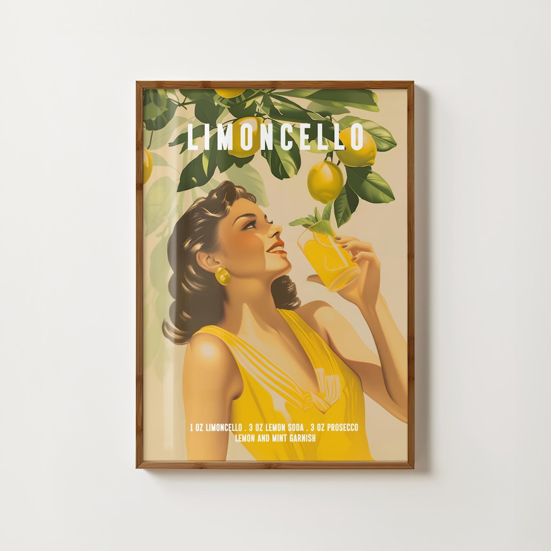 Retro Limoncello Print Cocktail Wall Art Limoncello Poster Bar Cart ...