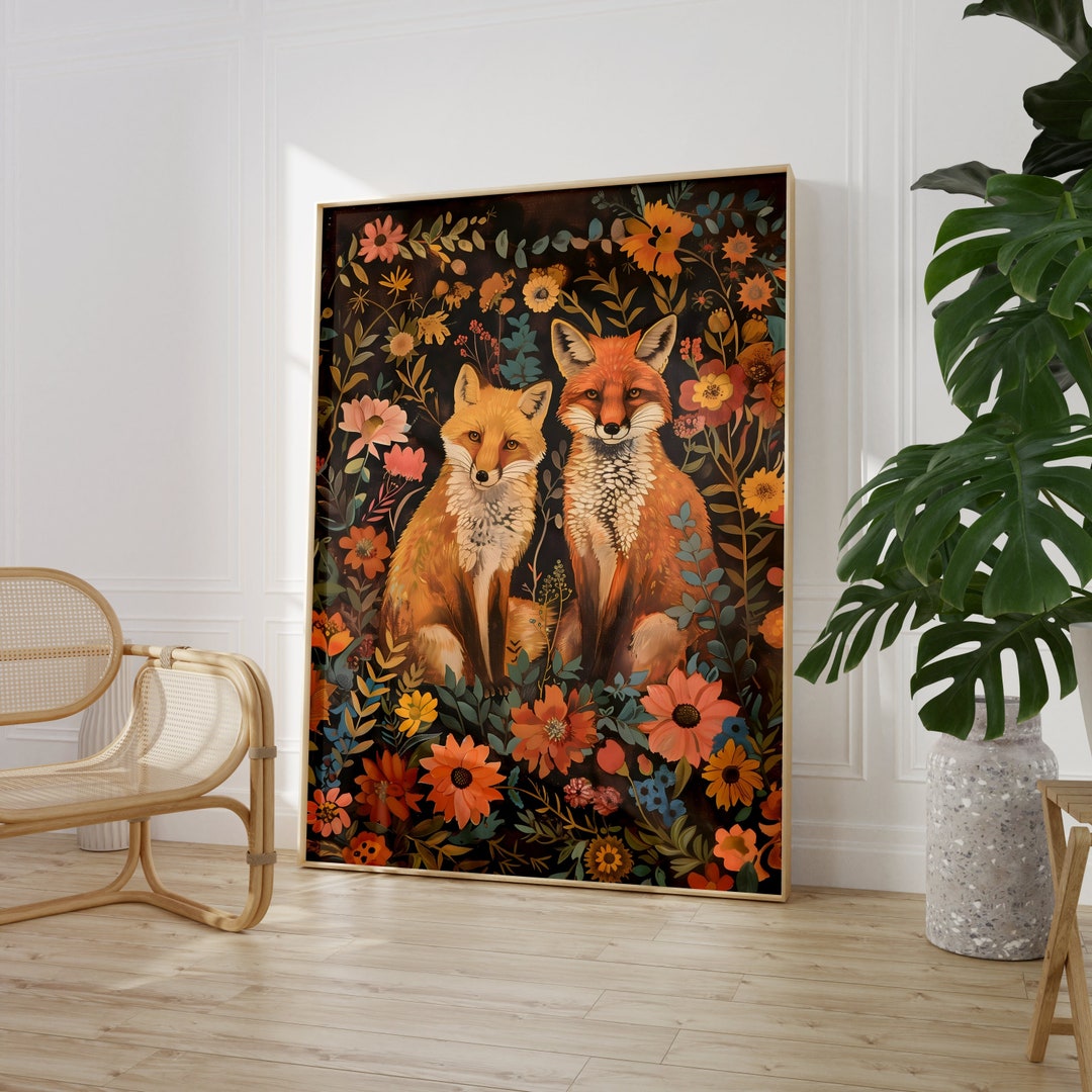 Floral Foxes Print Vintage Fox Wall Art Cottagecore Fox Art Woodland ...