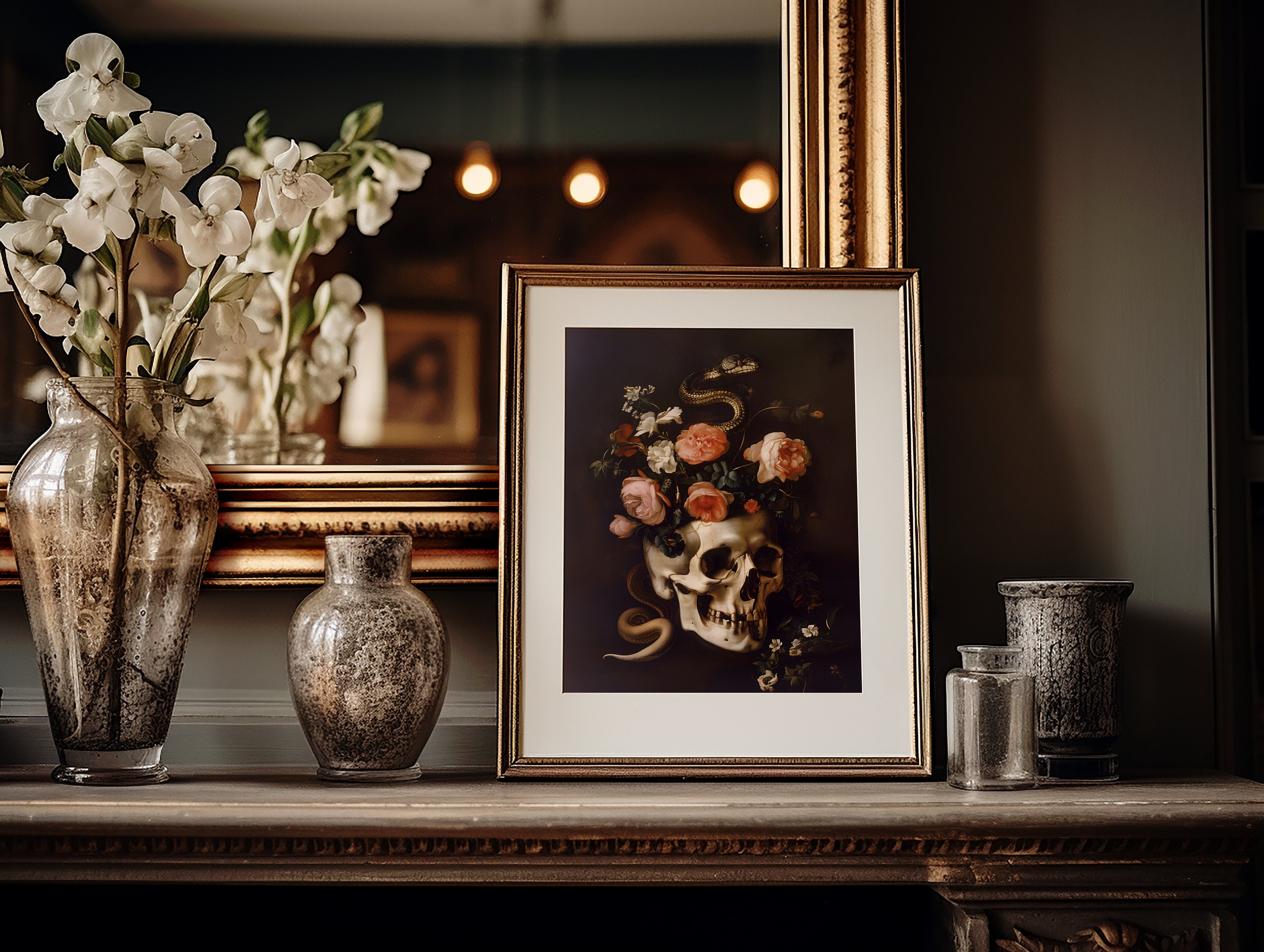 Skull Art Print Floral Skull Painting Moody Skull Print Gothic Decor ...