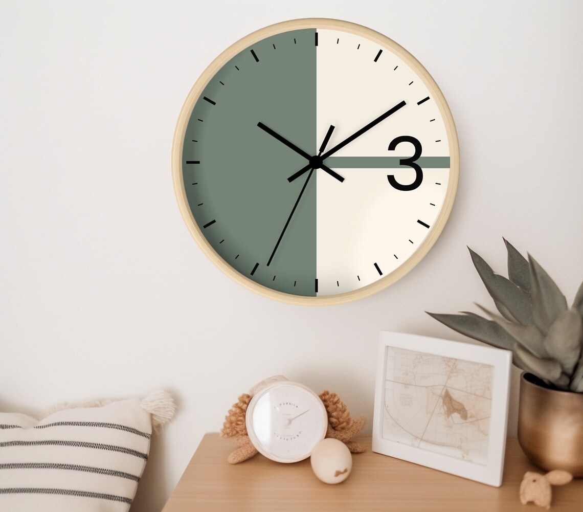 Green Modern Clock Minimalist Wall Clock Olive Wood Clock Earth Green ...