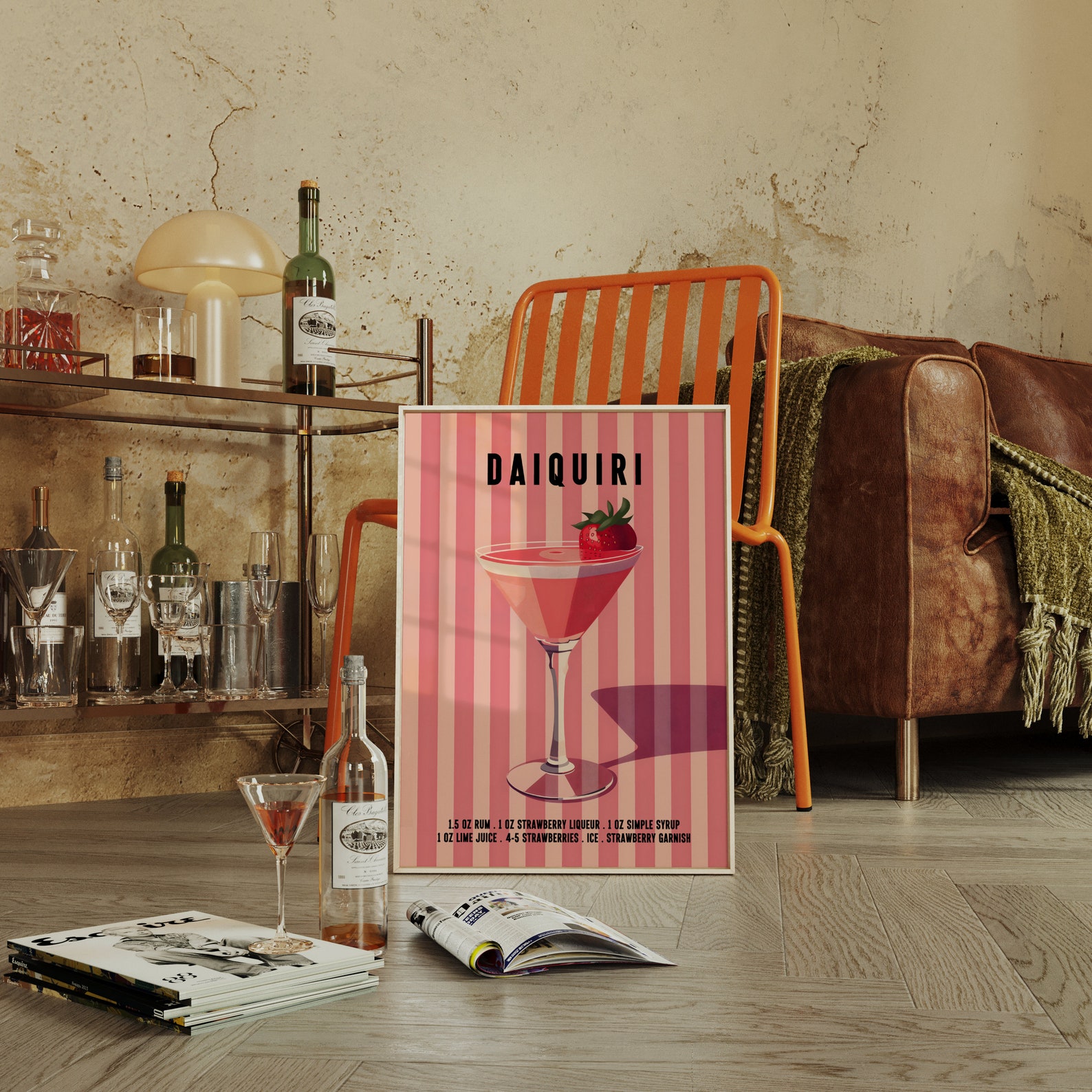 Strawberry Daiquiri Cocktail Print Daiquiri Cocktail Poster Bar Cart ...