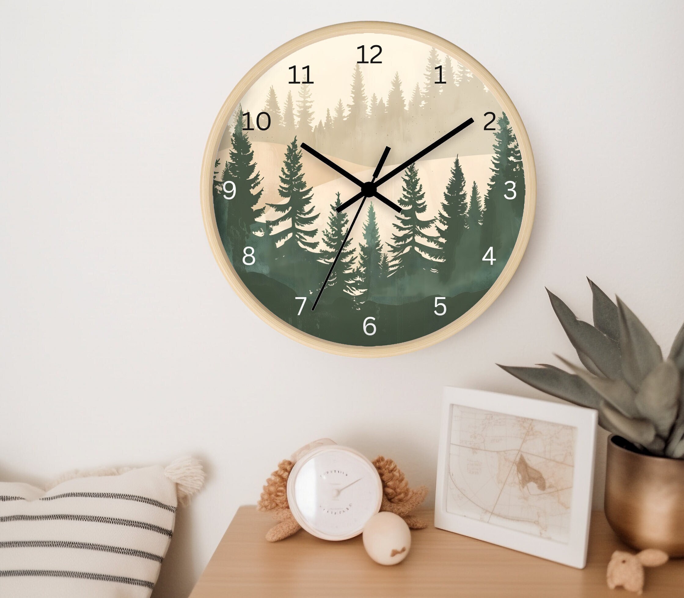 Woodland Clock Misty Forest Wall Clock Scandi Green Wood Clock Pine ...