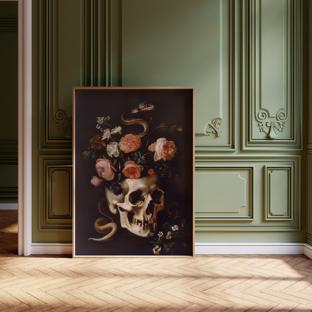 Skull Art Print Floral Skull Painting Moody Skull Print Gothic Decor ...