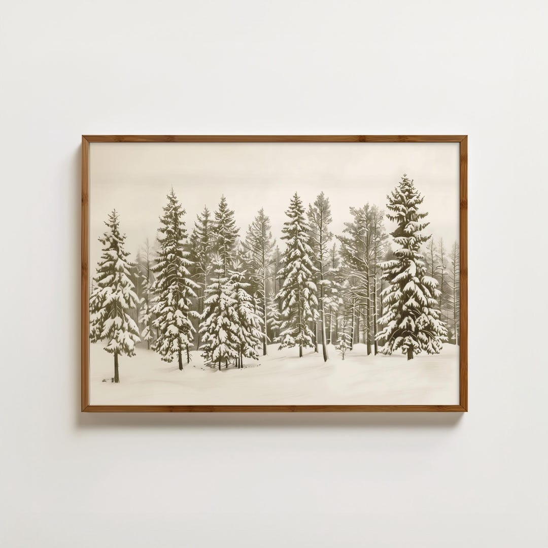 Vintage Pine Tree Print Winter Forest Sketch Neutral Christmas Decor ...
