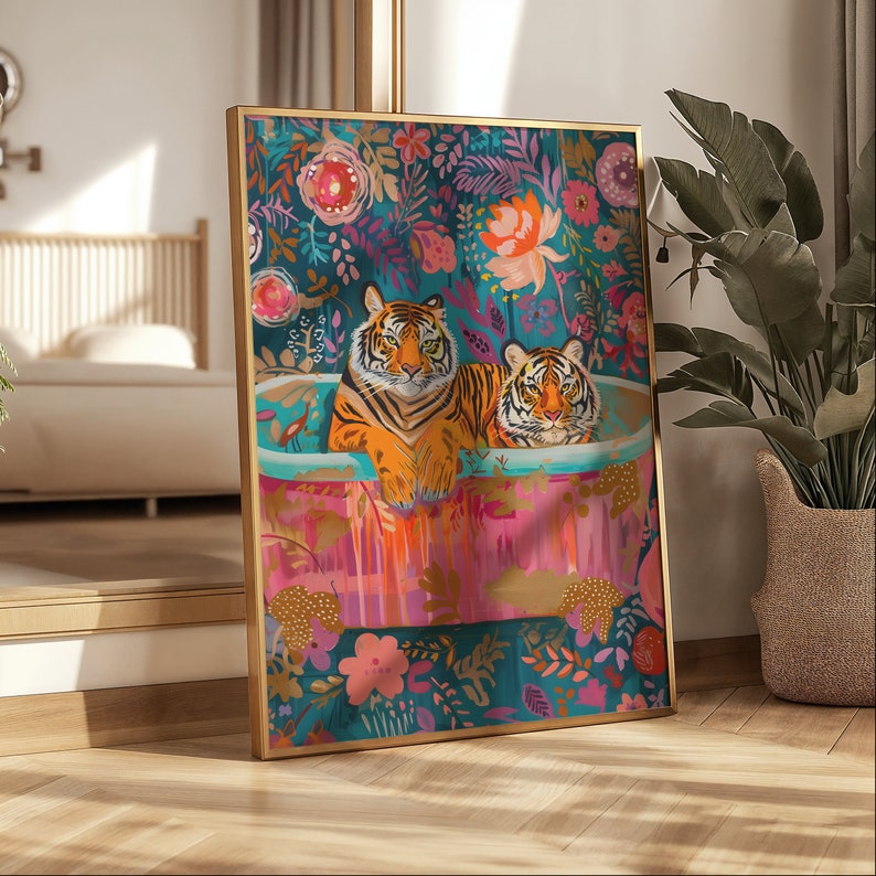 Tiger in Bath Print Tiger Poster Maximalist Tiger Art Funky Bathroom ...