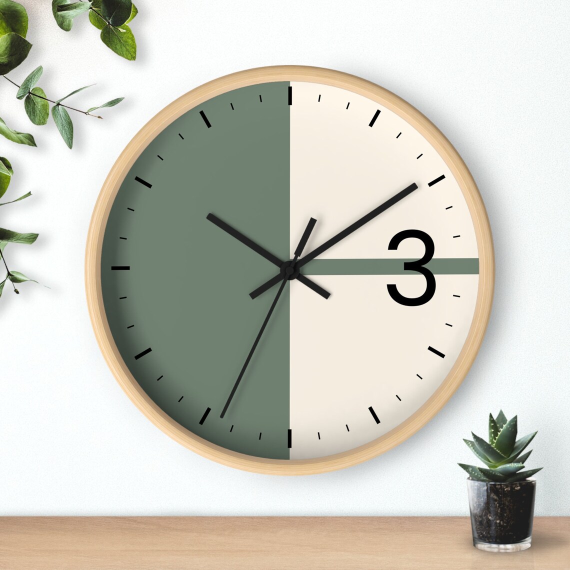 Green Modern Clock Minimalist Wall Clock Olive Wood Clock Earth Green ...