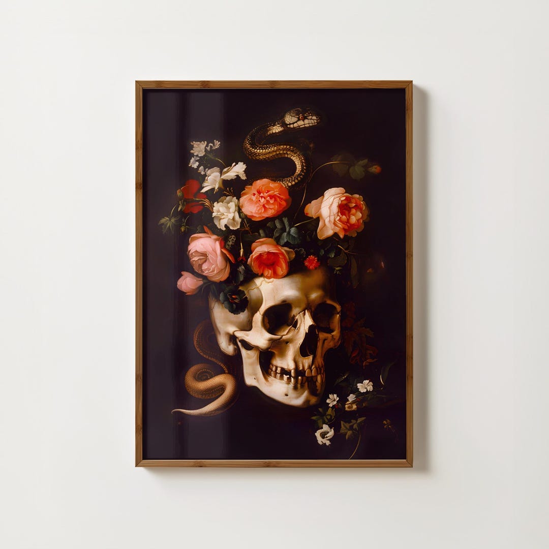 Skull Art Print Floral Skull Painting Moody Skull Print Gothic Decor ...