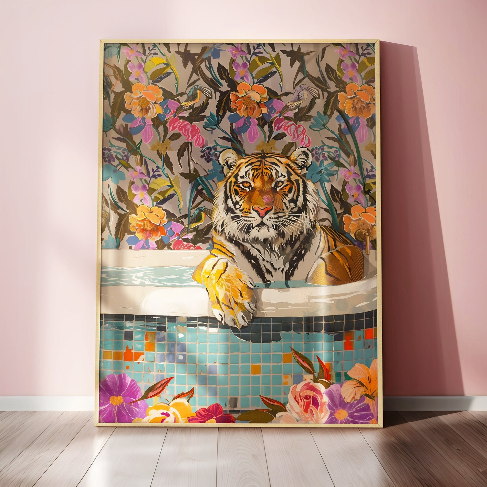 Tiger in Bath Print Tiger Poster Maximalist Tiger Art Funky Bathroom ...