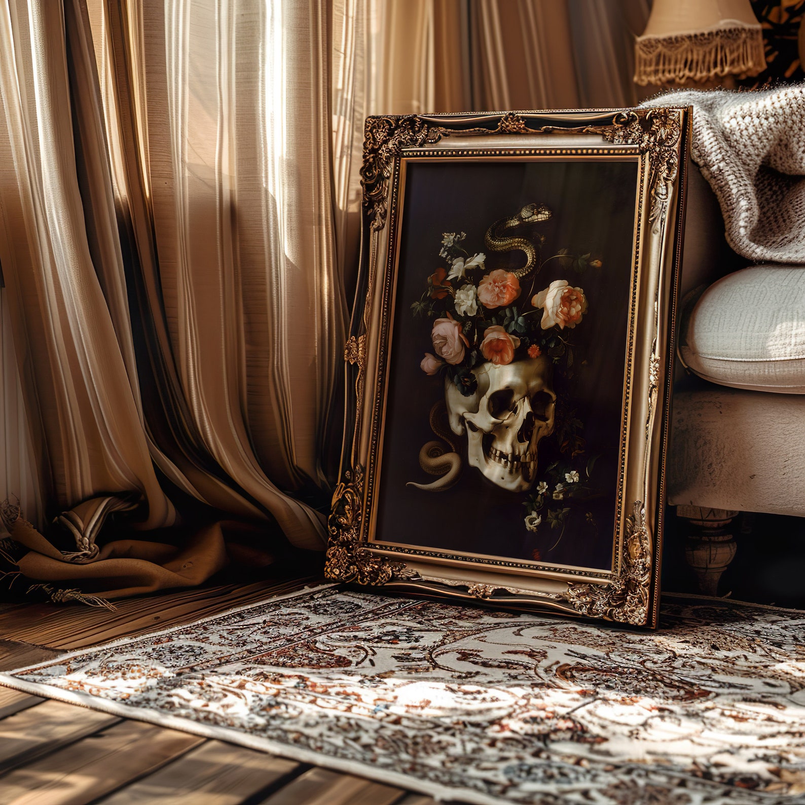 Skull Art Print Floral Skull Painting Moody Skull Print Gothic Decor ...