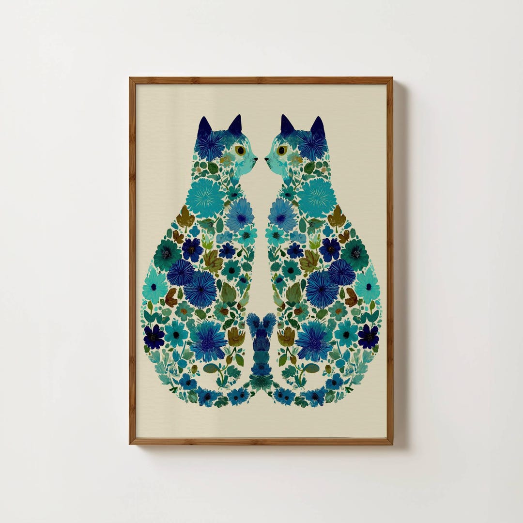 Blue Floral Cat Poster Watercolor Cat Painting Scandinavian Folk Art ...