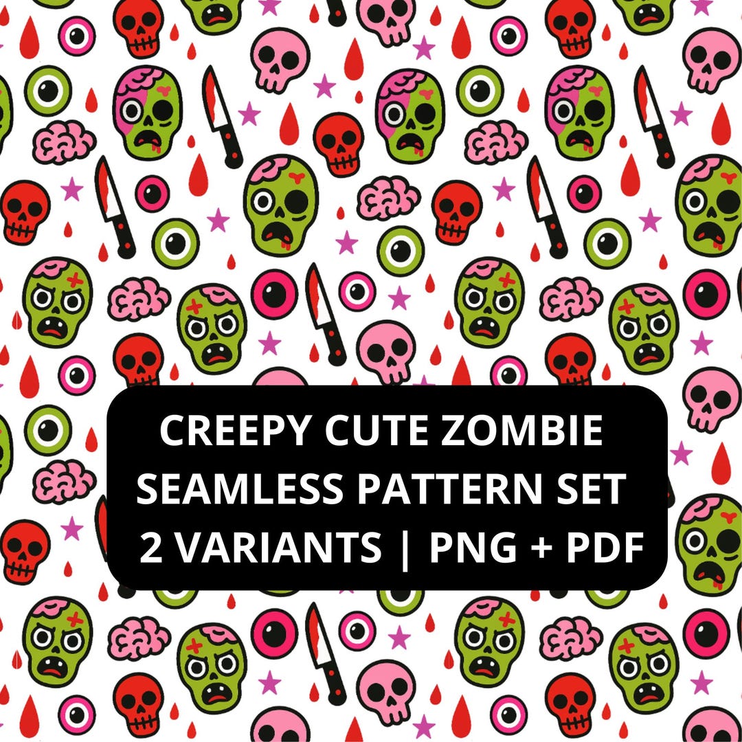 Creepy Cute Zombie Seamless Pattern Set – 2 Variants Black & White ...