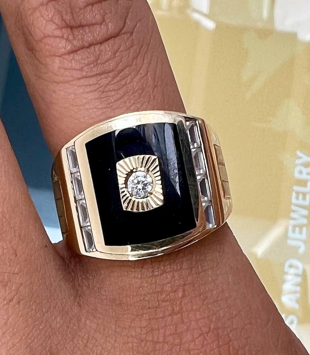 14k Solid Yellow Gold Onyx Mens Ring With CZ Stones - Etsy